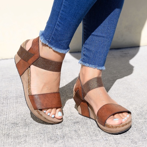 SunnyMia | Shoes | Tan Low Heel Wedge Sandals | Poshmark